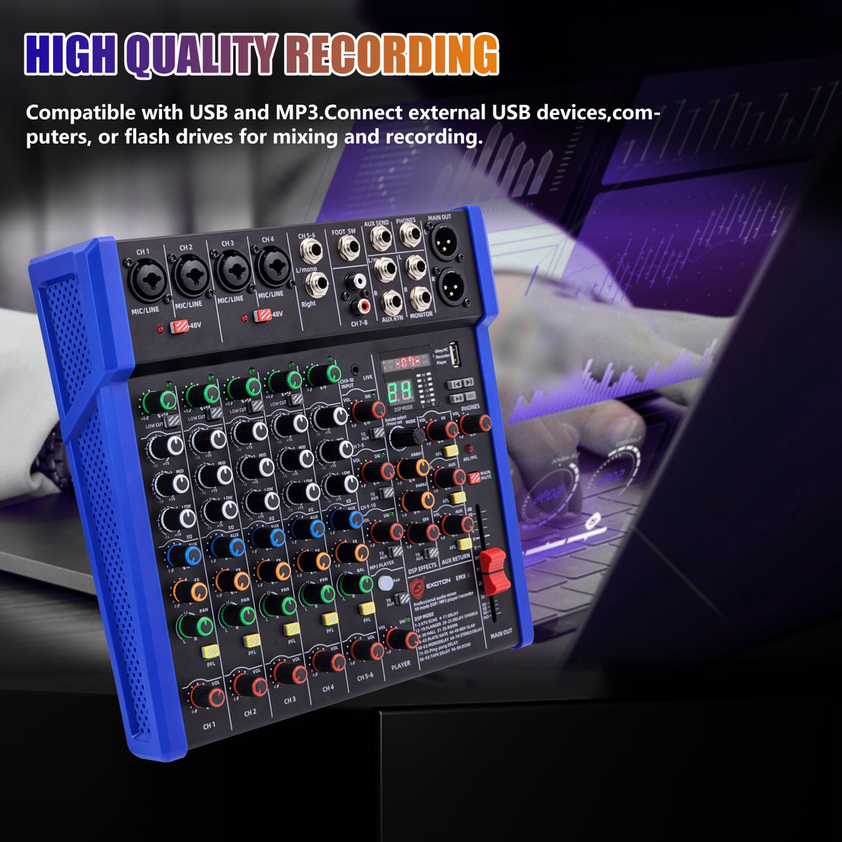 EXOTON EMX-6 Bluetooth Audio Mixer 6-Ch. Professional Mixing Console