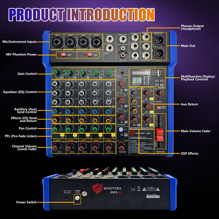 EXOTON EMX-6 Bluetooth Audio Mixer 6-Ch. Professional Mixing Console