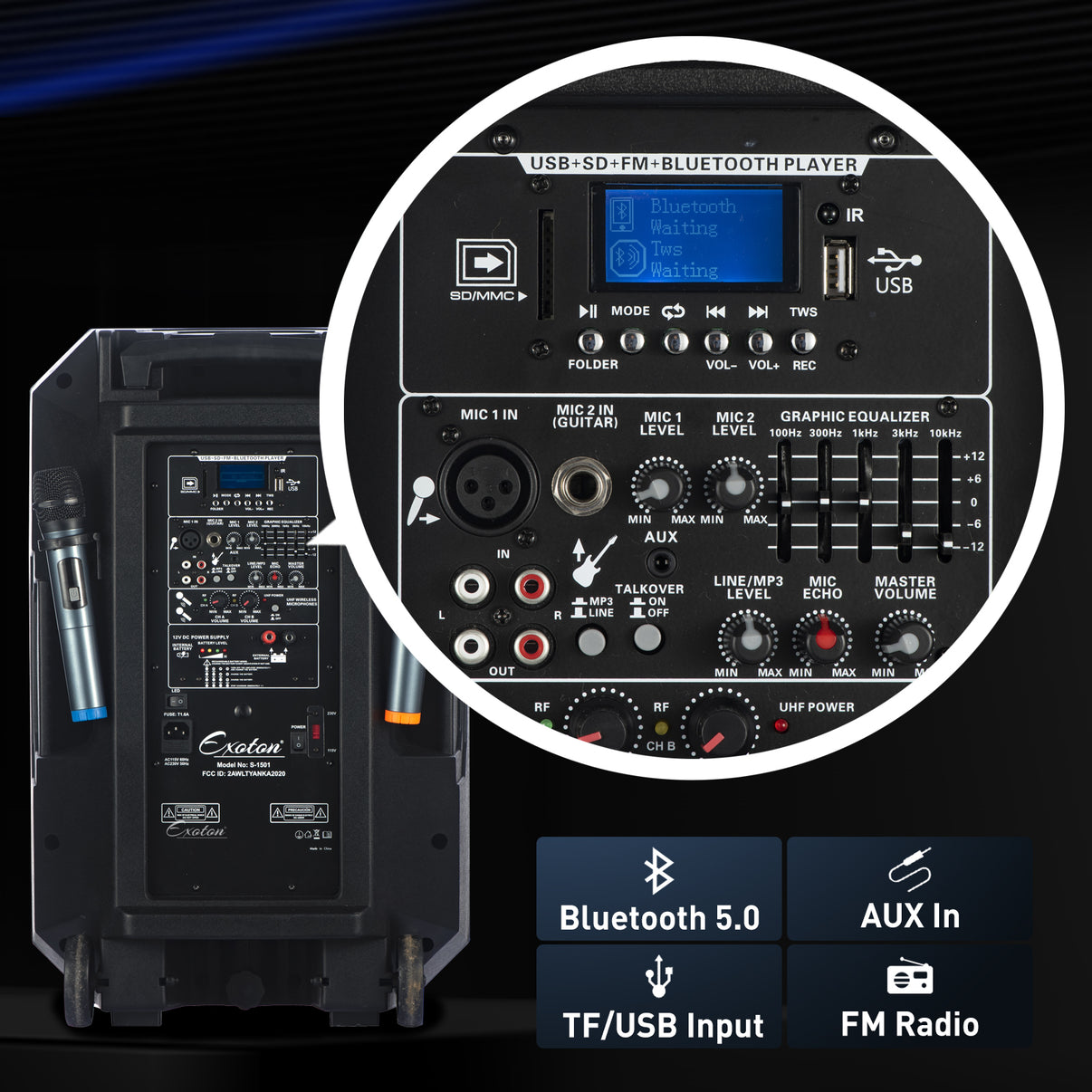 EXOTON S-1501 Bluetooth Portable PA System 1600W Rechargeable Speaker With Mic