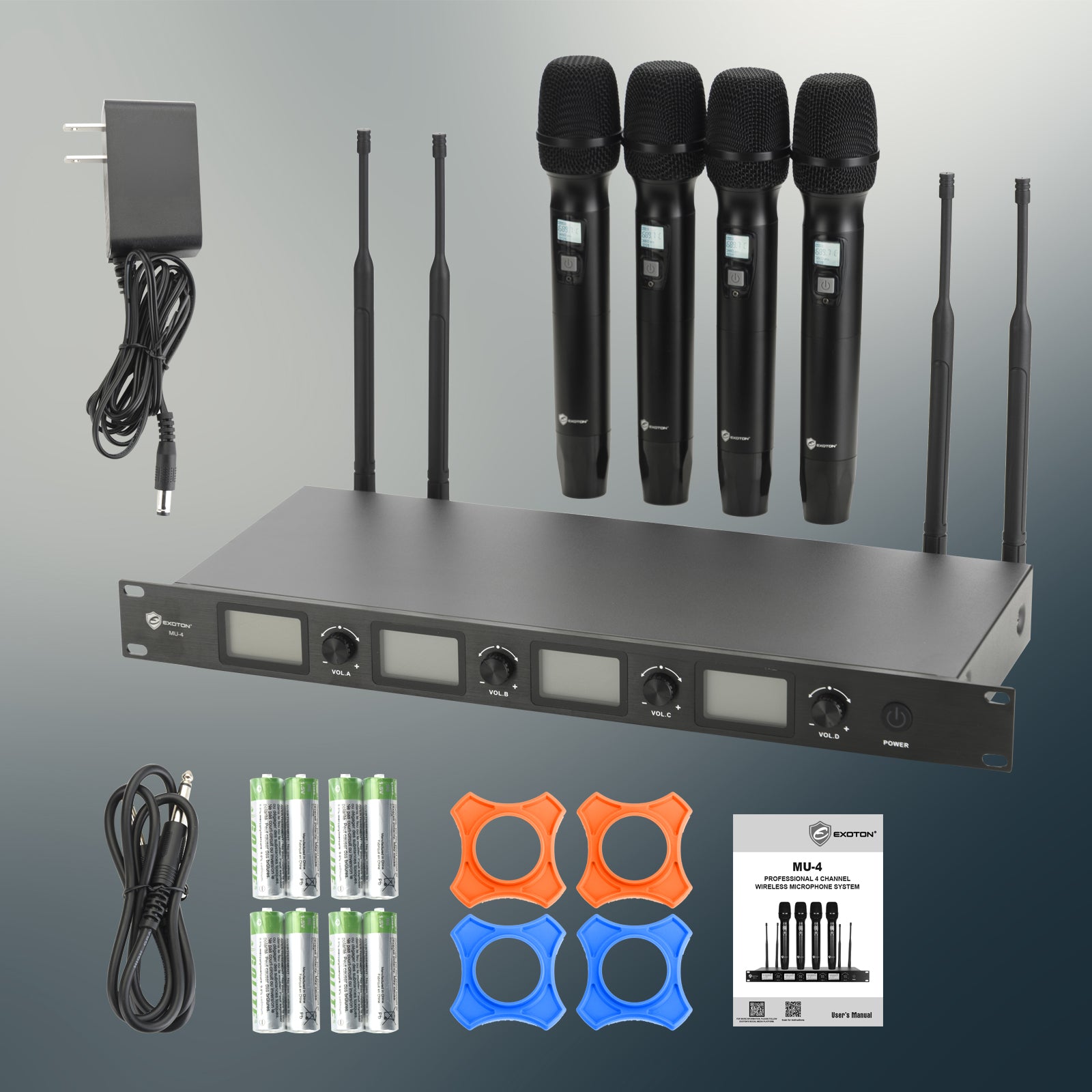 EXOTON MU-4 Wireless Microphone System 4 Channel UHF Cordless Handheld ...